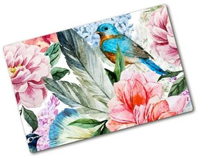 Wallmuralia Kuchyňská deska skleněná Květiny a ptáci 80x52 cm