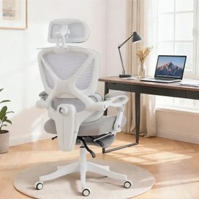 HOMCOM Kancelářská židle, ergonomická židle k psacímu stolu s opěrkou nohou, houpací funkcí, opěrkami rukou, síťovina, šedá