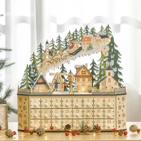 HOMCOM Adventní kalendář Vánoční dekorace, 24 zásuvek, LED světla, 39 cm x 9 cm x 42 cm, bílá + zelená 830-417