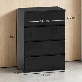 HOMCOM Moderní komoda se 4 šuplíky, design proti převrhnutí, do obývacího pokoje a chodby 55x34x80 cm lesklá černá