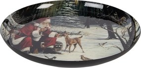 Černý kovový podnos s motivem Santy v zasněžené krajině - Ø 28*3 cm