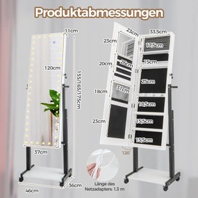 Costway Šperkovnice s kolečky Zrcadlová skříňka 4 v 1 s 3 barevnými LED světly