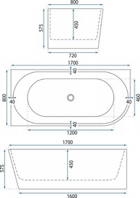 Volně stojící akrylová vana REA WENUS LEFT 170x80 cm bílý, sifon Click-Clack - zlatý kartáčovaný
