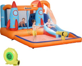 Outsunny nafukovací skákací hrad, hrací hrad se skluzavkou pro 4 děti, s foukačkou, hrací domeček pro 3-8 let, vzor raketa, polyester | Aosom