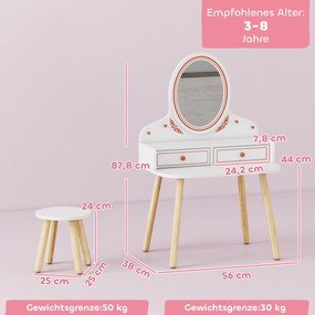 AIYAPLAY Dětská toaletní souprava toaletní stolek se stoličkou zrcadlem zásuvky ramínka na šaty pro děti od 3 do 8 let 56 x 38 x 87,8 cm Bílá barva