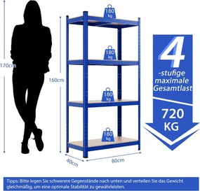 Costway Úložný regál 4 úrovně s kovovým rámem, těžký pojme až 720 kg, modrý