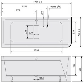 Polysan MARLENE CURVE L MONOLITH obdélníková vana 175x75x63cm, bílá/černá, 72034MCLB