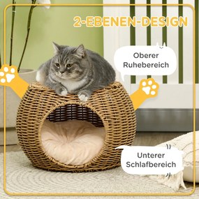 PawHut Kočka Dům Postel Kočičí Košík Dům v Obřím Střihu z Rattanu s Měkkým Polštářem Ø 40 x 30 cm světle hnědý