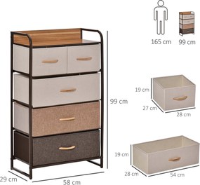 HOMCOM Komoda, příborník s 5 výklopnými látkovými zásuvkami, úchytka, úložná skříňka s ochranou proti překlopení do obývacího pokoje, ložnice, hnědá …