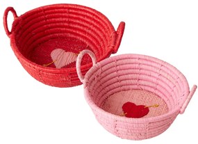 rice Košík z rafie Round Heart 12 cm Červený, červená barva, růžová barva