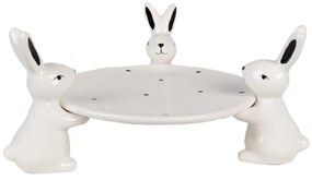 Černo-bílý keramický podnos s podstavcem ve tvaru tří králíčků Rabbit Party – 24x23x12 cm