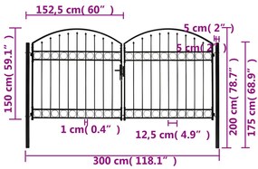 vidaXL Marketos Plotová brána ASSEN dvoukřídlé dveře s klenutým vrškem ocelová 300 x 150 cm