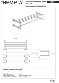 Bemeta Design NEO: Držák ručníků, 600 mm, dvojitý, s hrazdou -