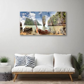 akrylový obraz Loďka Kameny Krajina 100x50 cm