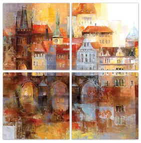Malvis ® Obraz snové pražské panoráma - oranžové Velikost (šířka x výška): čtyřdílný čtverec - 80x80 cm