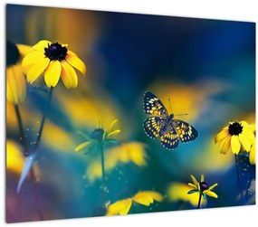 Skleněný obraz - Žlutý motýl s květy (70x50 cm)
