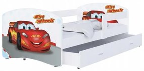 Dětská postel LUKI se šuplíkem BÍLÁ 160x80 vzor FIRE WHEELS