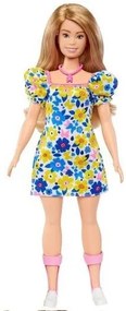Barbie Modelka - šaty s modrými a žlutými květinami