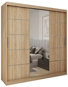 Nejlevnější nábytek Šatní skříň REBECA 200 se zrcadlem, 4 šuplíky a 2 šatními tyčemi, dub sonoma