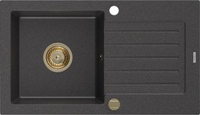 Mexen Pablo, granitový dřez 752x436x161 mm, 1-komorový, černá skvrnitá se zlatým sifonem, 6510751010-76-G