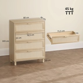 HOMCOM komoda se 4 zásuvkami, ratanový vzor, rozměry 80D x 40Š x 103V cm, MDF světlé dřevo