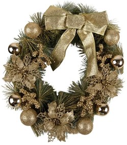 Zeleno-zlatý vánoční věnec s mašlí a koulemi Christmas Wreath - Ø 40*10 cm