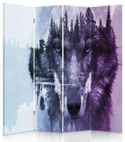 Ozdobný paraván Lesní vlk Zvířata Příroda - 145x170 cm, čtyřdílný, obustranný paraván 360°