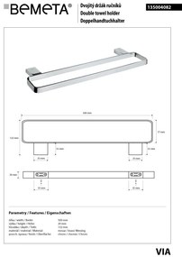 Bemeta Design VIA: Držák ručníků, 500 mm, dvojitý -