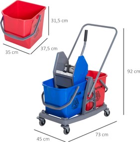 HOMCOM Úklidový vozík se 2 kbelíky a 4 kolečky, kov/PP, modrý/červený, 73x45x92cm pro efektivní úklid| Aosom