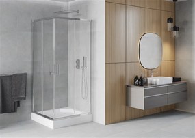 Mexen Rio, čtvercový sprchový kout s posuvnými dveřmi 90 x 90 cm, 5mm čiré sklo, chromový profil + bílá vysoká sprchová vanička Rio, 860-090-090-01-00-4510