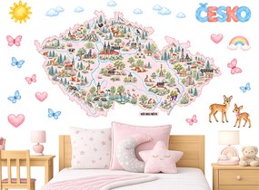 Mapa Česko pro holky dětské samolepky na stěnu arch 75 x 43 cm