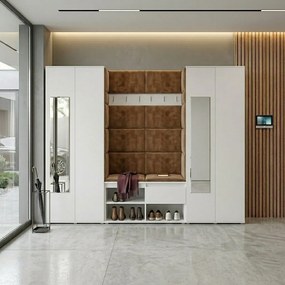 Předsíňová stěna Trinity 10 s čalouněnými panely, 280 cm, bílá / béžová