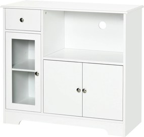 HOMCOM Mikrovlnná Skříň, Kuchyňský Bufet, Úložná Skříň pro Kuchyni, Jídelnu 90 x 40 x 82 cm S Skleněnými Dveřmi a Dřevem, Bílá
