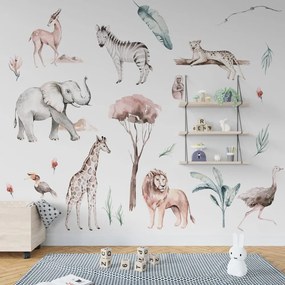 Gario Dětská nálepka na zeď Savanna - slon, nosorožec, žirafa, lev a jiná zvířata