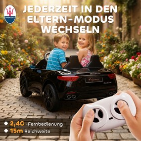 AIYAPLAY Dětské elektroauto Maserati, dvoumístné, 12V napájení z baterie, dálkové ovládání, LED světla, hudební funkce, černé