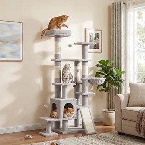 PawHut Škrabadlo velké, 152 cm vysoký kočičí strom se škrabacími sloupky, jeskyně 2 vstupy, 3 míčky, houpačka, 6 kg, světle šedá