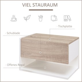 HOMCOM Sada 2 Floating Nočních Stolků Bez Noh K Hanging Noční Stolky s 1 Zásuvkou a Otevřenou Policou pro Ložnici 46x30x30 cm Dub a Bílá