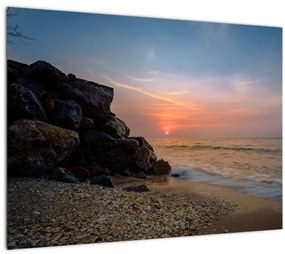 Skleněný obraz západu slunce na pláži (70x50 cm)