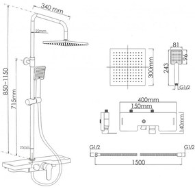 Erga Oslo, sprchová souprava s pákovou baterií, policí a dešťovou hlavicí 30x30 cm, černá matná, ERG-YKA-BP.OSLO-30-BLK