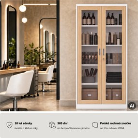 Kovová skříň s vitrínou bílá, dub sonoma, 900x1850x400 mm: AMELIA Eco Design