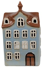 Modrý keramický svícen na čajovou svíčku domek Amster Village - 13*9*22 cm
