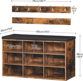 Předsíňový věšák s botníkem a sedákem Vasagle Jungo 80 cm černý/hnědý