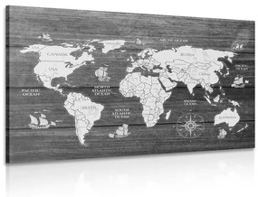 Obraz černobílá mapa na dřevě - 120x80