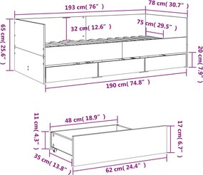 vidaXL Válenda se zásuvkami 75 x 190 cm kompozitní dřevo [3280832] Barva: kouřový dub