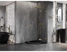 Mexen Lunar, pětiúhelníkový sprchový kout naklápěcí vpravo 80 x 80 cm, 8mm čiré sklo, zlatý profil, 831-080P-080L-50-00-P
