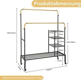 Costway Věšák na šaty se 2 tyčemi na šaty, věšák na šaty na kolečkách, věšák