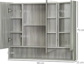 Zrcadlová skříňka Kleankin se 4 sekcemi a nastavitelnými policemi, koupelnové zrcadlo ze dřeva a skla, 90x15x75 cm, Šedá