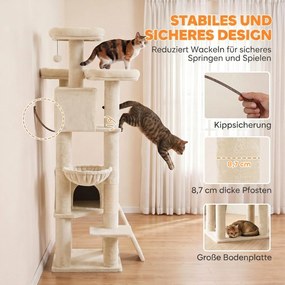 PawHut Velké škrabadlo 184 cm vysoké, kočičí strom se 3 škrábacími sloupky, ležení, hrací míček, houpací síť, žebřík, pro kočky do 6 kg D35-014V00BG