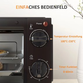HOMCOM Mini trouba 9L Mini trouba s pečicím plechem, grilovací rošt, 100 °C-230 °C, s nastavitelnou teplotou a dobou pečení, časovač na 60 min, 750 W…