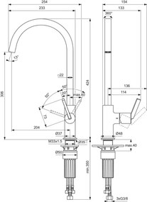 Ideal Standard Gusto - Dřezová baterie nízkotlaká s vysokým hranatým otočným výtokem, chrom BD412AA